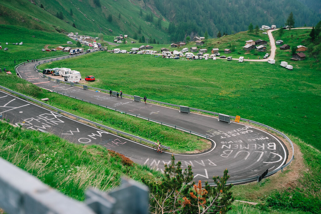 The ascent of Passo Fedaia by bike